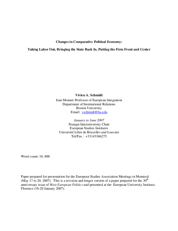 (PDF) Changes in Comparative Political Economy: Taking Labor Out ...
