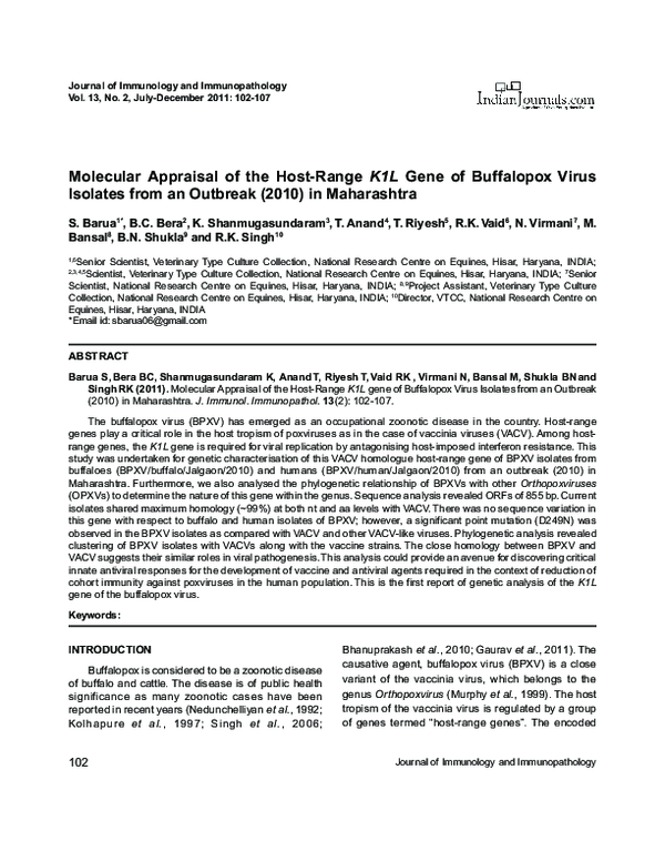 (PDF) Molecular Appraisal of the Host-Range K1L Gene of Buffalopox ...