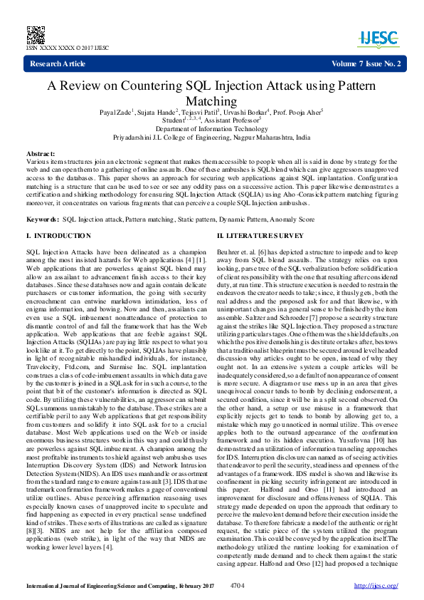 Pdf A Review On Countering Sql Injection Attack Using Pattern Matching