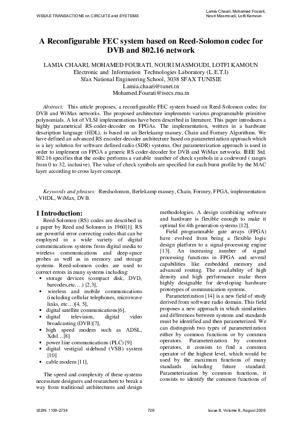 (PDF) A reconfigurable FEC system based on Reed-Solomon codec for DVB and 802.16 network