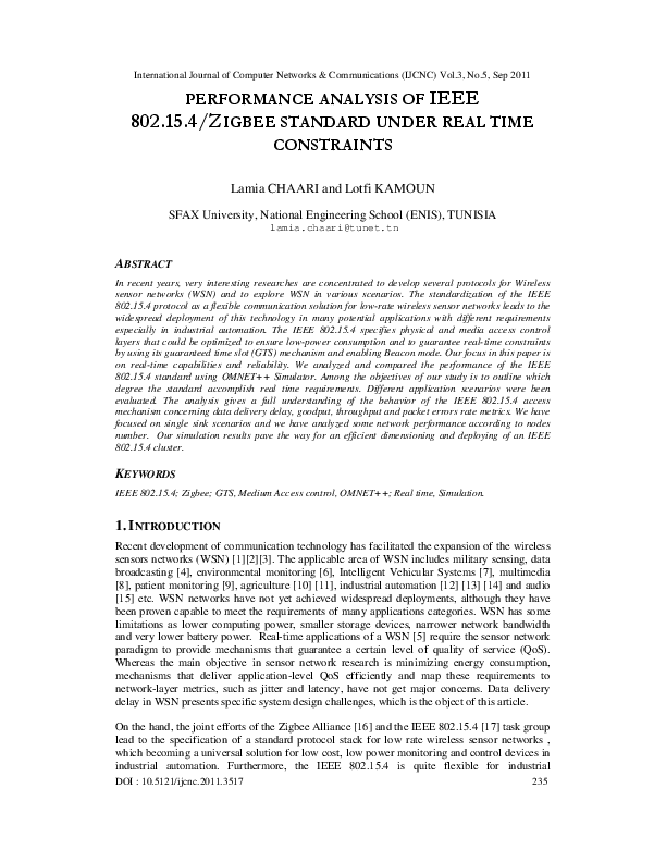 Pdf Performance Analysis Of Ieee 802 15 4 Zigbee Standard Under Real Time Constraints