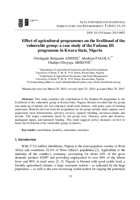 (PDF) Effect of agricultural programmes on the livelihood of the ...