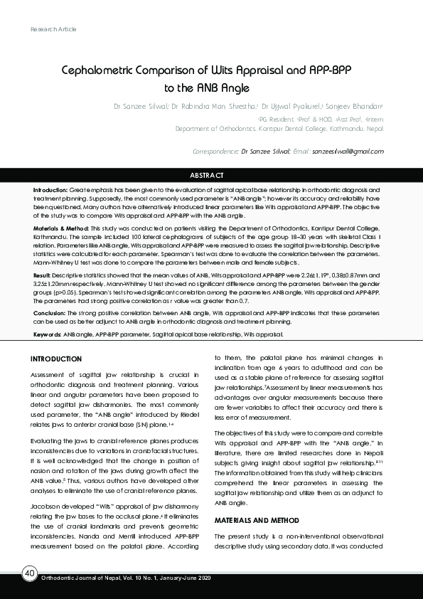 (PDF) Cephalometric Comparison of Wits Appraisal and APP-BPP to the ANB ...