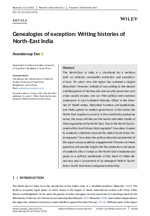 (PDF) Genealogies of Exception: Writing histories of North-East India