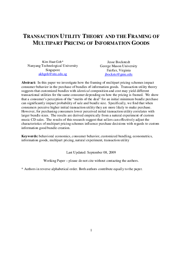 (PDF) 1 Transaction Utility Theory and the Framing of Multipart Pricing ...