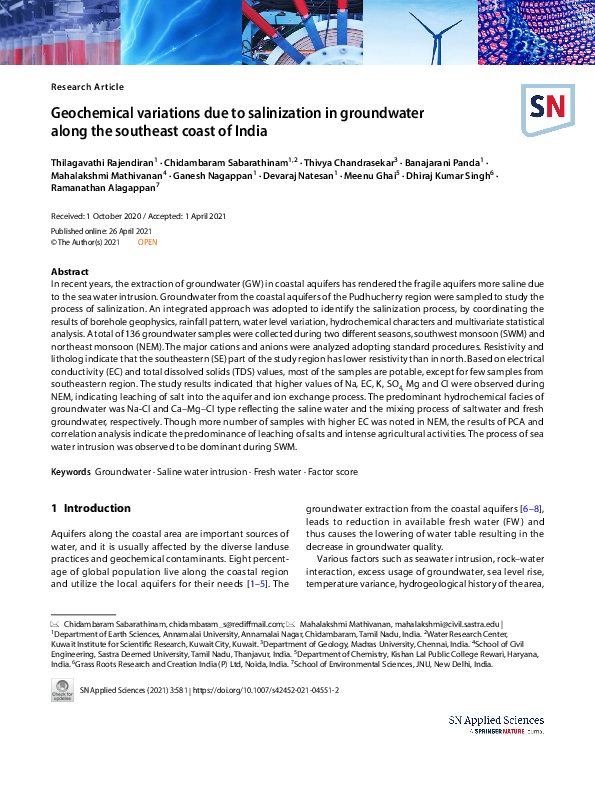 Pdf Geochemical Variations Due To Salinization In Groundwater Along
