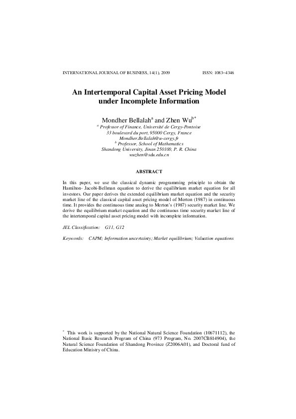 (PDF) An intertemporal capital asset pricing model under incomplete ...