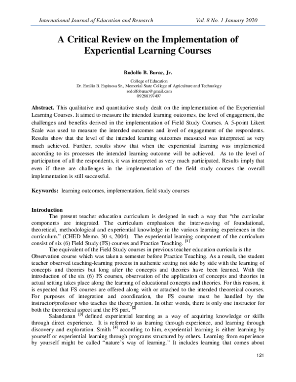 (PDF) A Critical Review on the Implementation of Experiential Learning ...