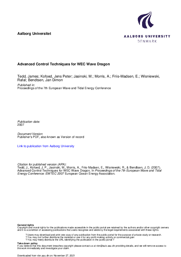 (PDF) Aalborg Universitet Advanced Control Techniques for WEC Wave Dragon
