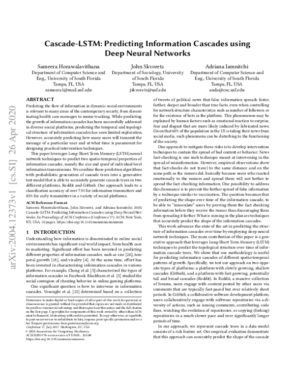 Pdf Cascade Lstm Predicting Information Cascades Using Deep Neural