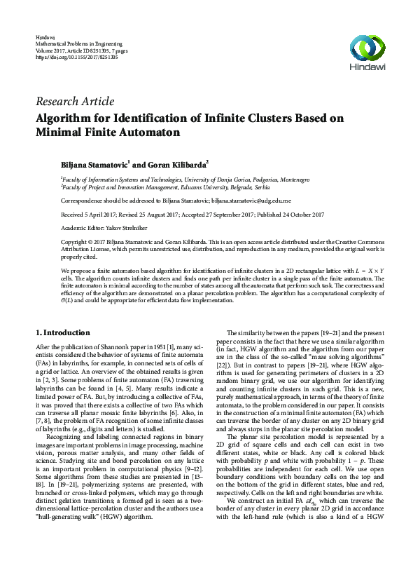 Pdf Algorithm For Identification Of Infinite Clusters Based On Minimal Finite Automaton