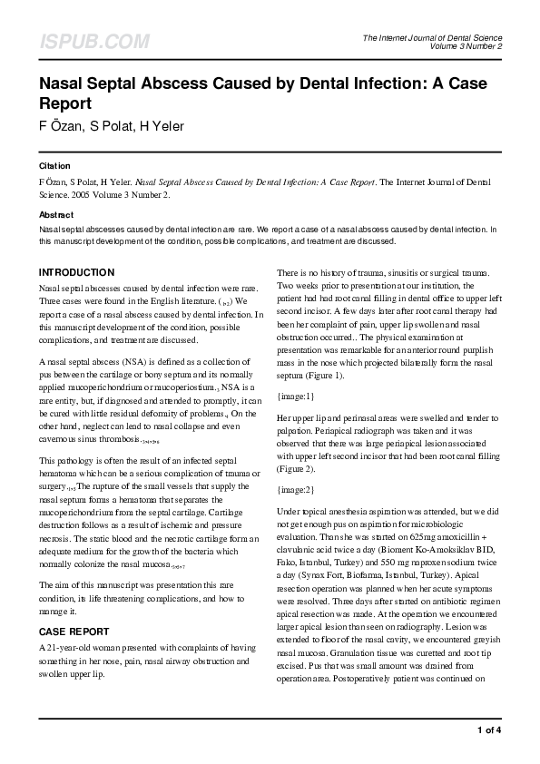(PDF) Nasal Septal Abscess Caused by Dental Infection: A Case Report
