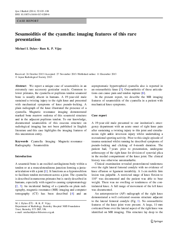 (PDF) Sesamoiditis of the cyamella: imaging features of this rare ...