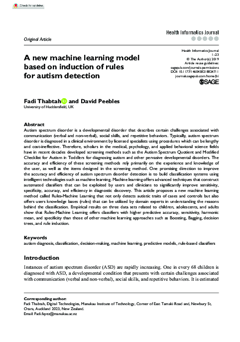 (PDF) A New Machine Learning Model based on Induction of Rules for Autism Detection | Christy ...