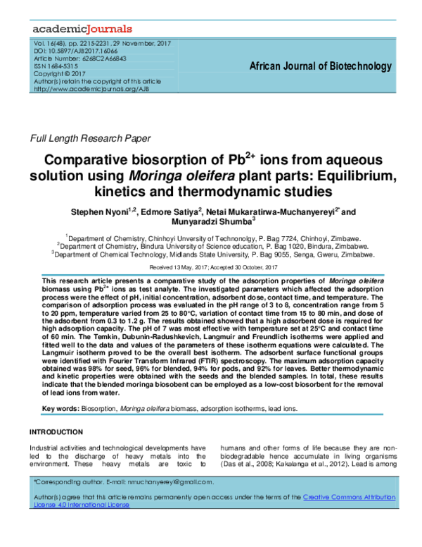 (PDF) Comparative biosorption of Pb2+ ions from aqueous solution using Moringa oleifera plant ...
