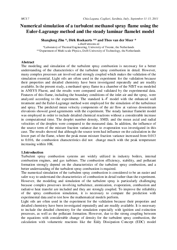 (PDF) Numerical simulation of a turbulent methanol spray flame using the Euler-Lagrang mehtod ...