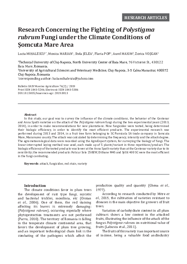 (PDF) Research Concerning the Fighting of Polystigma rubrum Fungi under ...