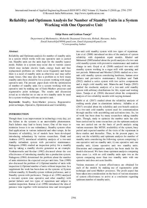 (PDF) Reliability and Optimum Analysis for Number of Standby Units in a ...