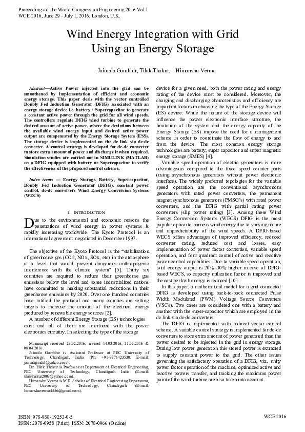 (PDF) Wind Energy Integration with Grid Using an Energy Storage
