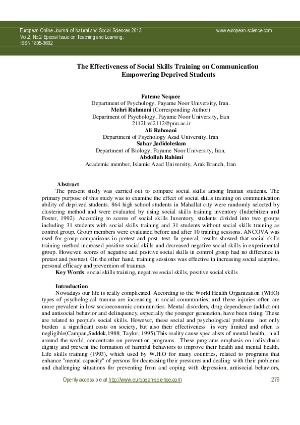 (PDF) The Effectiveness of Social Skills Training on Communication ...
