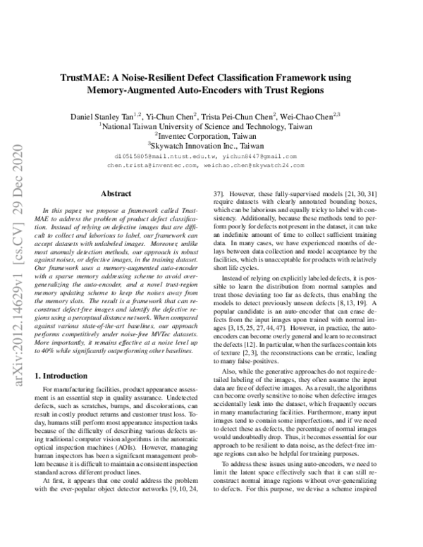 Pdf Trustmae Robust Defect Classification With Memory Augmented Auto Encoders