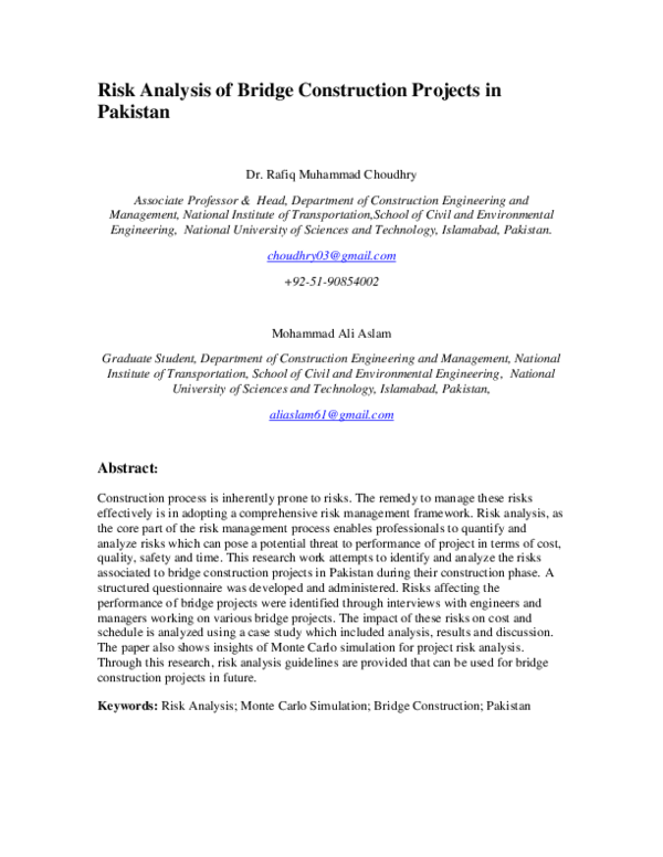 (PDF) Risk Analysis of Bridge Construction Projects in Pakistan