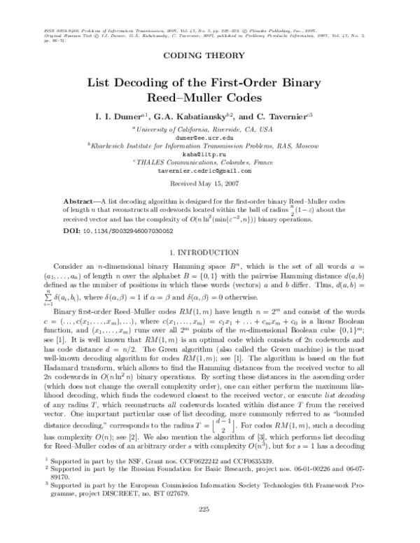 (PDF) List decoding of the first-order binary Reed-Muller codes