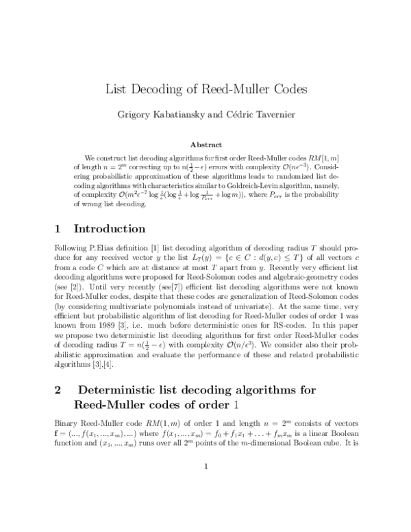 (PDF) List decoding of Reed-Muller codes