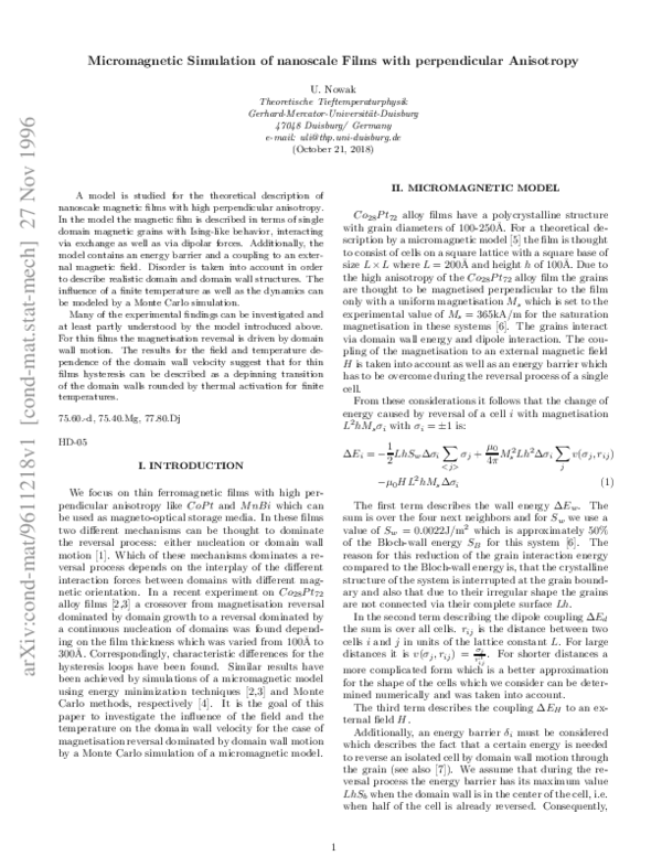 (PDF) Micromagnetic simulation of nanoscale films with perpendicular anisotropy