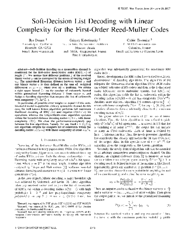 (PDF) Soft-Decision List Decoding with Linear Complexity for the First-Order Reed-Muller Codes