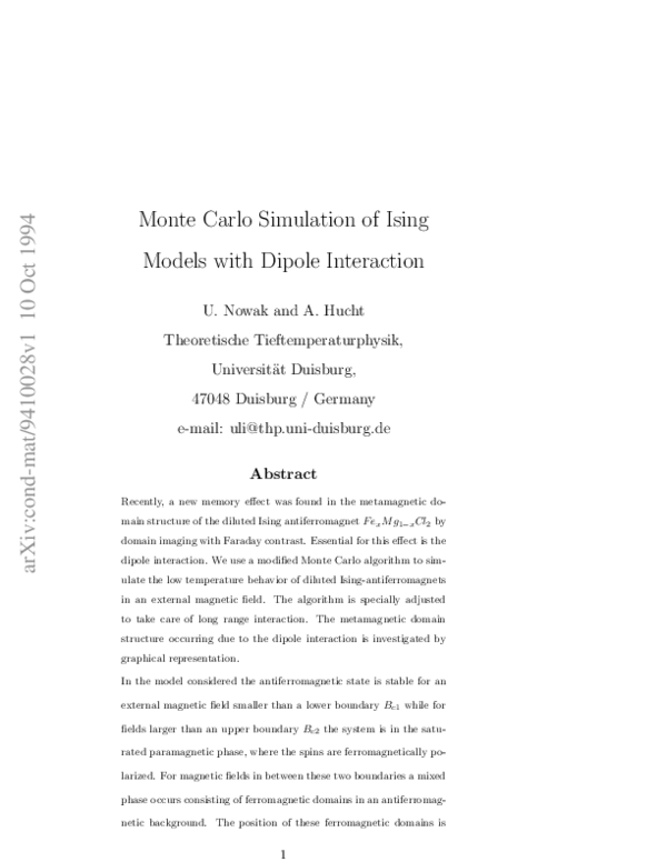 Pdf Monte Carlo Simulation Of Ising Models With Dipole Interaction