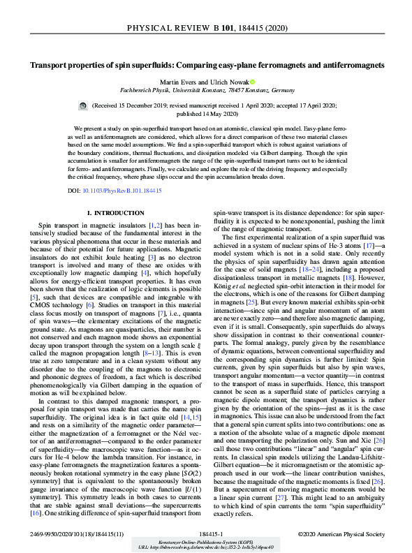 (PDF) Transport properties of spin superfluids: Comparing easy-plane ...