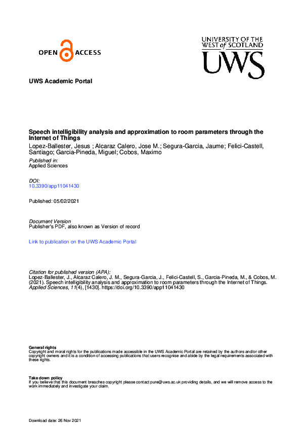 (PDF) Speech Intelligibility Analysis and Approximation to Room Parameters through the Internet ...