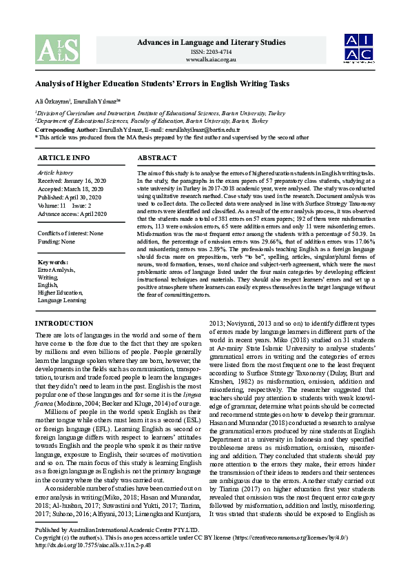 (PDF) Analysis of Higher Education Students’ Errors in English Writing ...