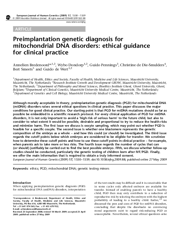 (PDF) Preimplantation genetic diagnosis for mitochondrial DNA disorders ...