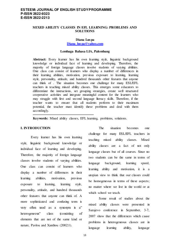 (PDF) Mixed Ability Classes in Efl Learning: Problems and Solutions