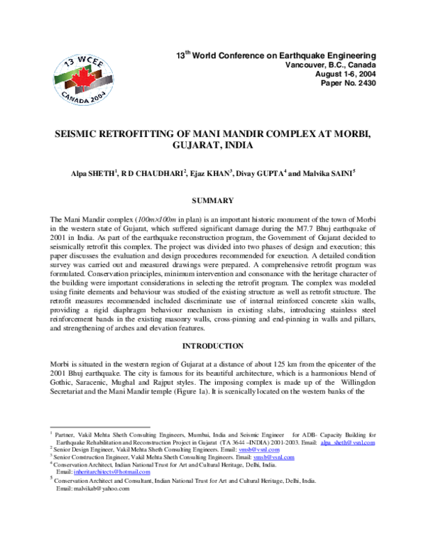 (PDF) Seismic Retrofitting of Mani Mandir Complex at Morbi, Gujarat, India