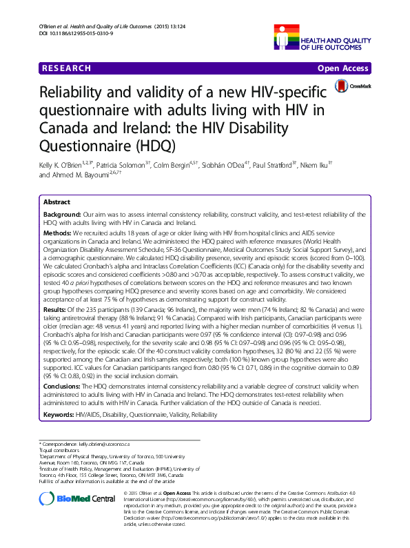 (PDF) Reliability and validity of a new HIV-specific questionnaire with ...