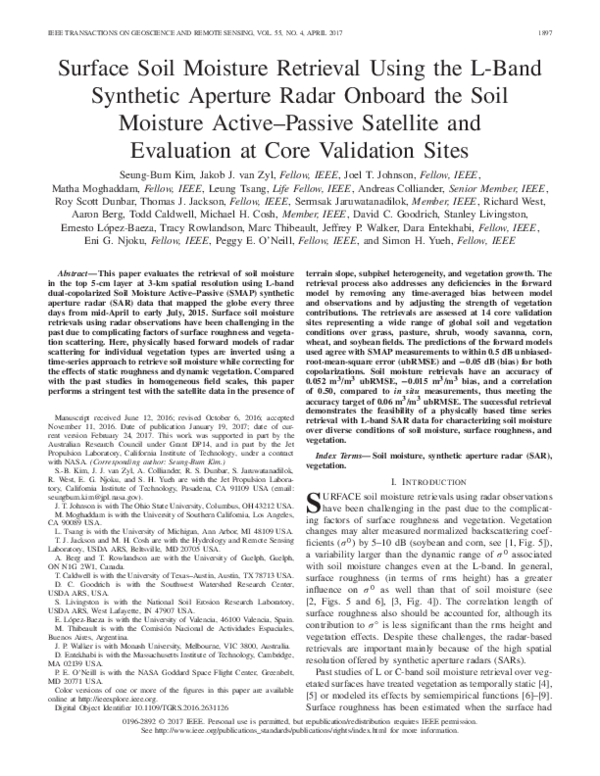 (PDF) Surface Soil Moisture Retrieval Using the L-Band Synthetic Aperture Radar Onboard the Soil ...