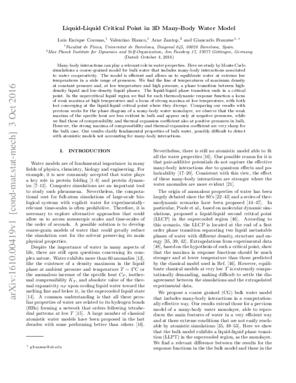(PDF) Liquid-Liquid Critical Point in 3D Many-Body Water Model