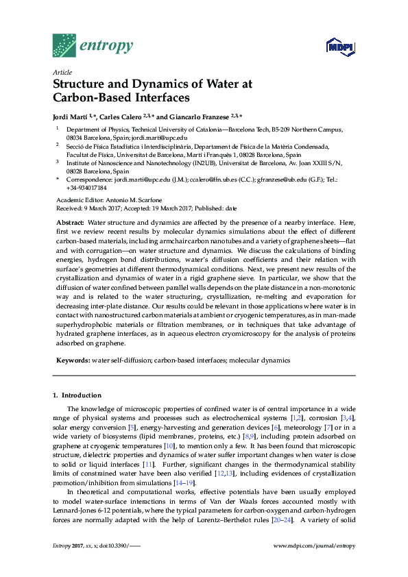 (PDF) Structure and Dynamics of Water at Carbon-Based Interfaces