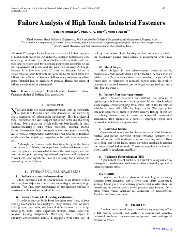 (PDF) Failure Analysis of High Tensile Industrial Fasteners