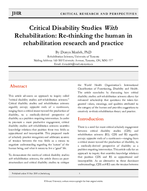 (PDF) Critical Disability Studies With Rehabilitation: Re-thinking the ...