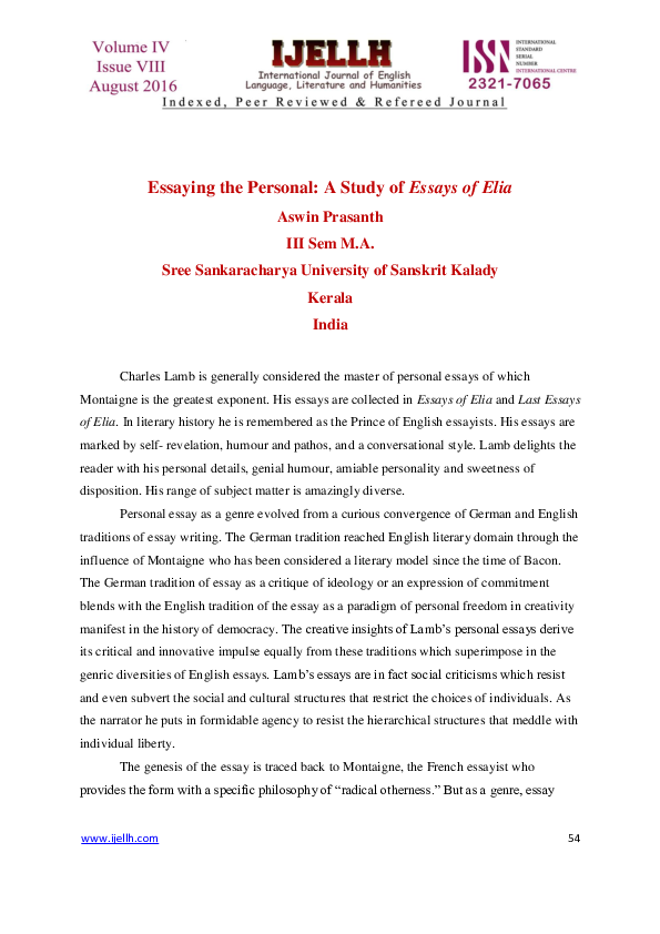 (PDF) Essaying the Personal: A Study of Essays of Elia