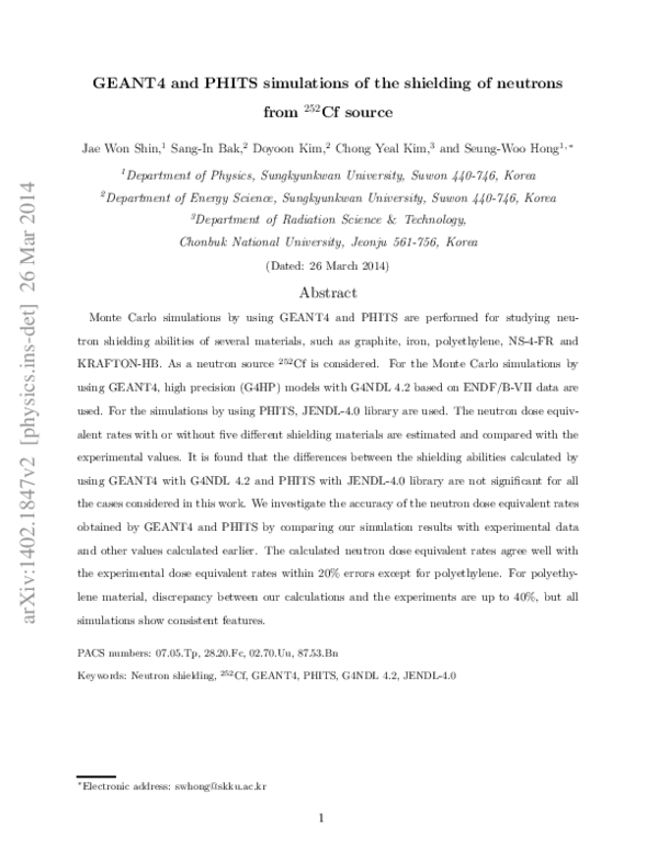 (PDF) GEANT4 and PHITS simulations of the shielding of neutrons from the 252Cf source