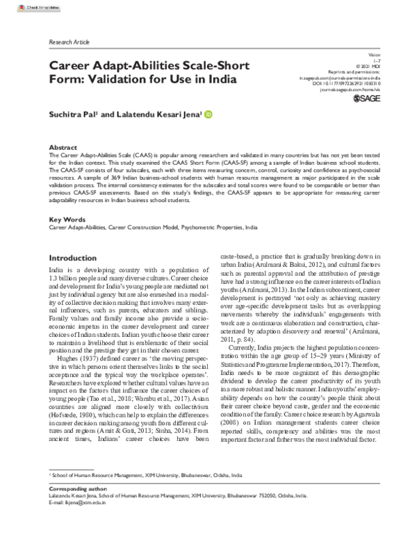 (PDF) Career Adapt-Abilities Scale-Short Form: Validation for Use in India