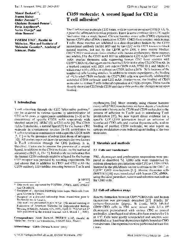(PDF) CD59 molecule: A second ligand for CD2 in T cell adhesion