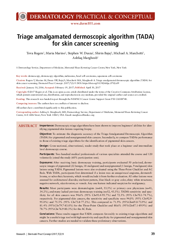 (PDF) Triage amalgamated dermoscopic algorithm (TADA) for skin cancer ...