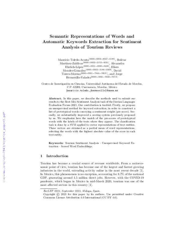 Pdf Semantic Representations Of Words And Automatic Keywords Extraction For Sentiment Analysis