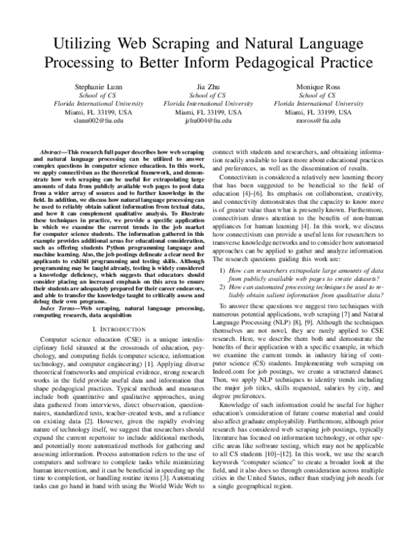 Pdf Utilizing Web Scraping And Natural Language Processing To Better Inform Pedagogical Practice